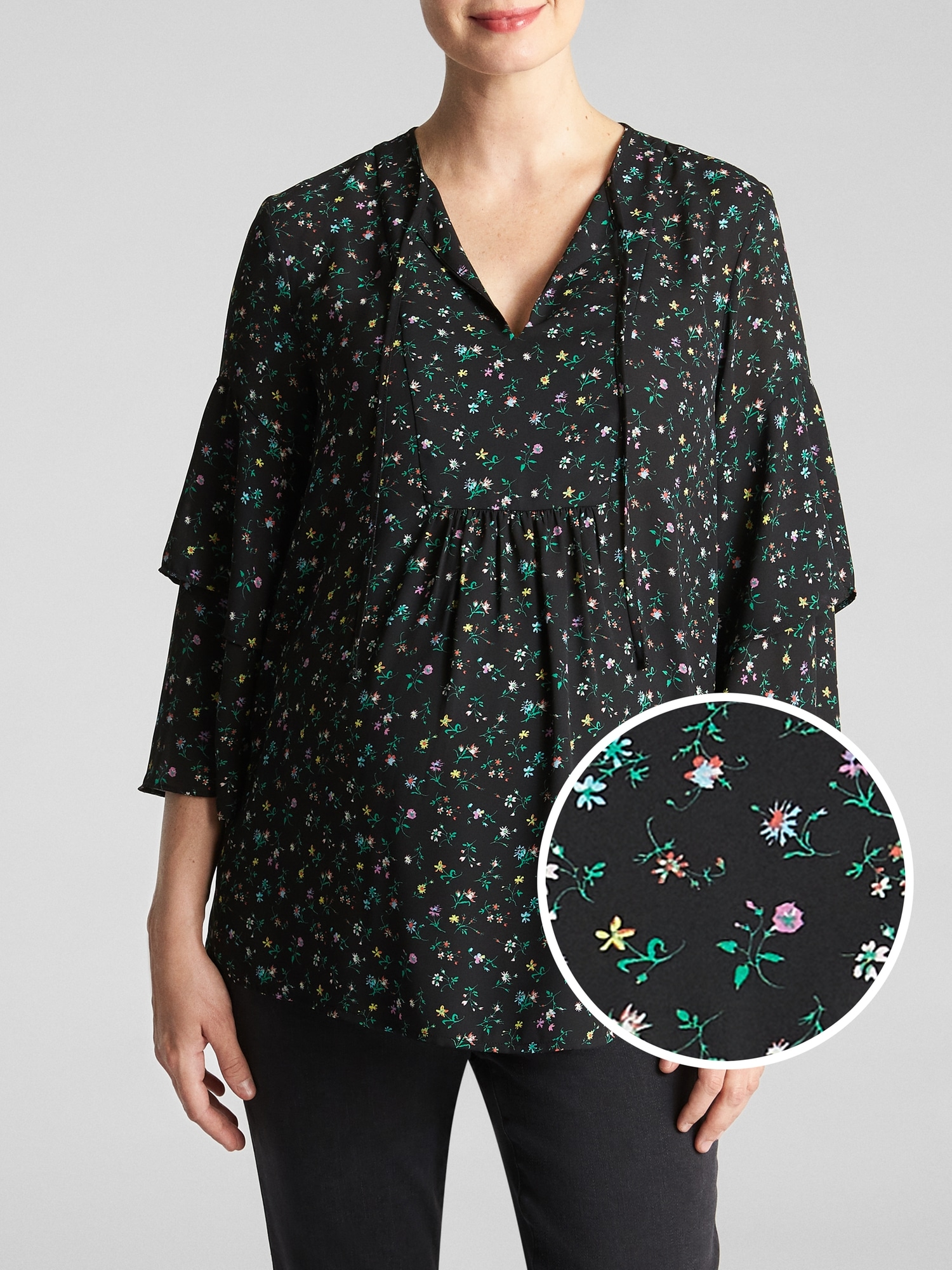 Maternity Print Ruffle Sleeve Split-Neck Blouse | Gap Factory