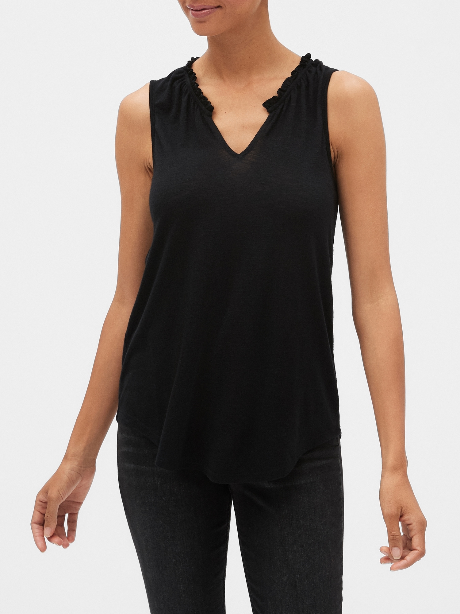 Ruffle-Trim Split-Neck Tank Top in Slub Jersey | Gap Factory