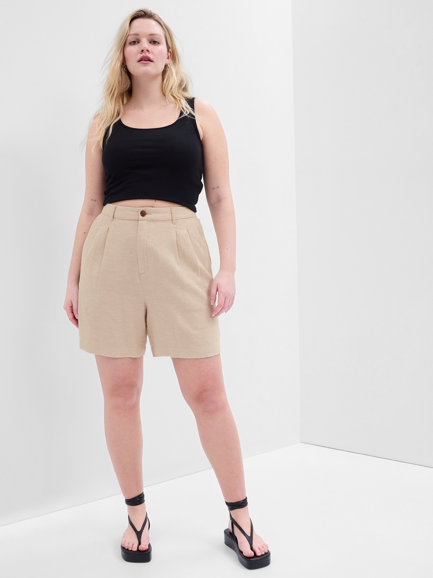 5 High Rise Pleated Linen Shorts Gap Factory