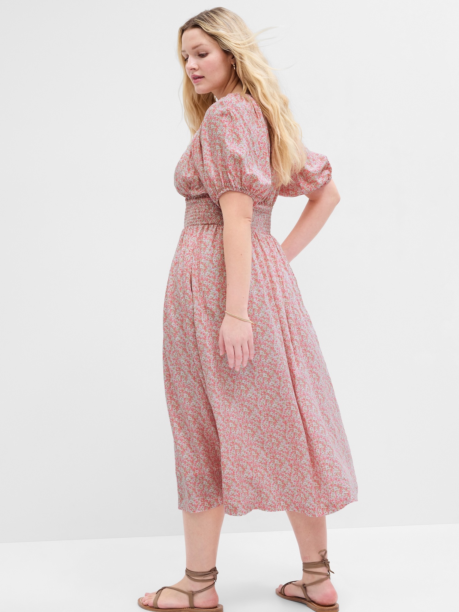 Smocked Puff Sleeve Midi Dress Gap Factory